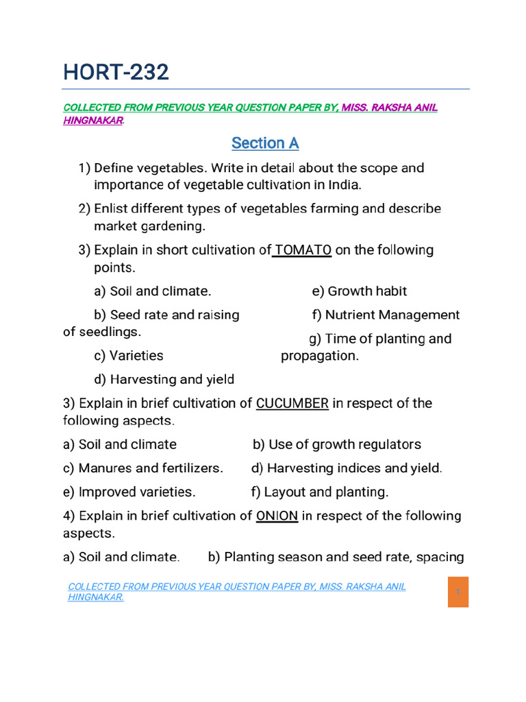 Hort 232 Model Question | PDF