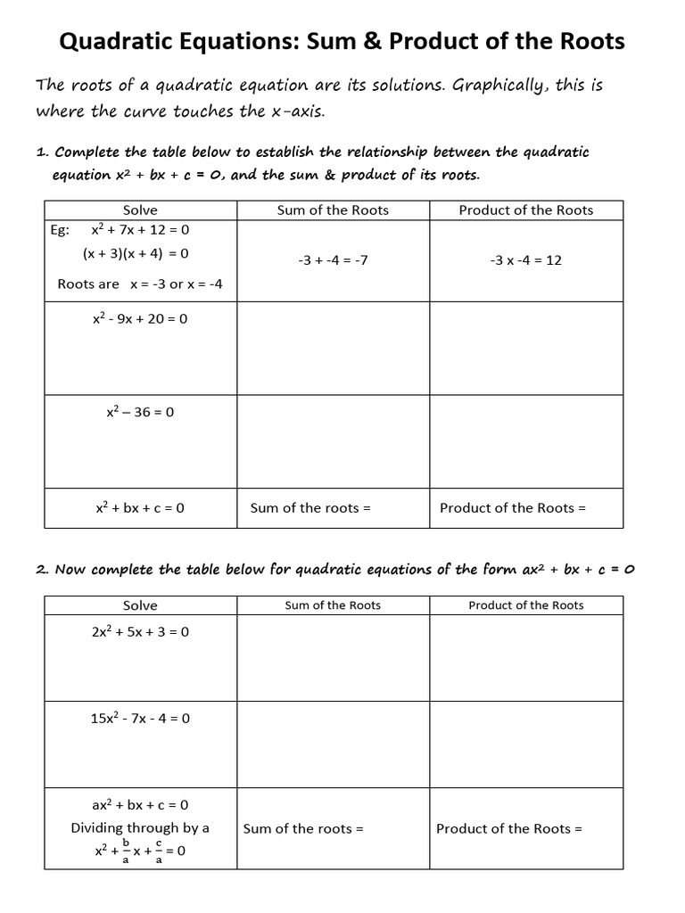 Sum & Product of Quadratic Roots | PDF | Quadratic Equation ...
