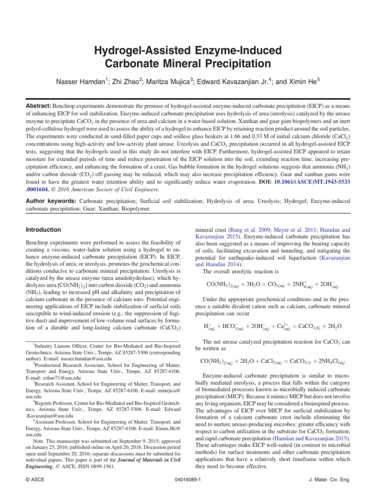 Hydrogel-Assisted Enzyme-Induced Carbonate Mineral Percipitation | PDF ...