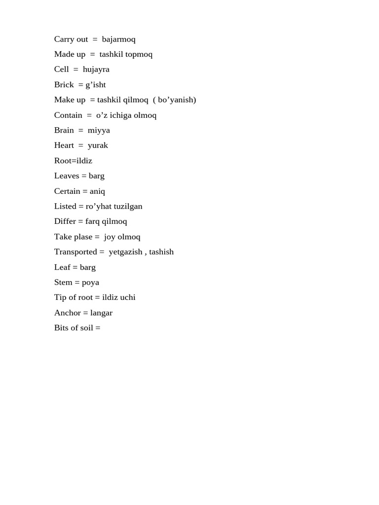 Uzbek Vocabulary for Biology Terms | PDF