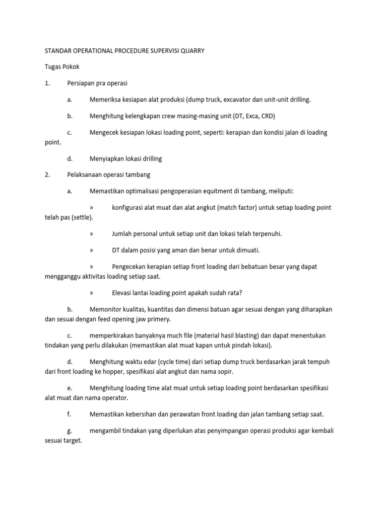 Standar Operational Procedure Supervisi Quarry | PDF