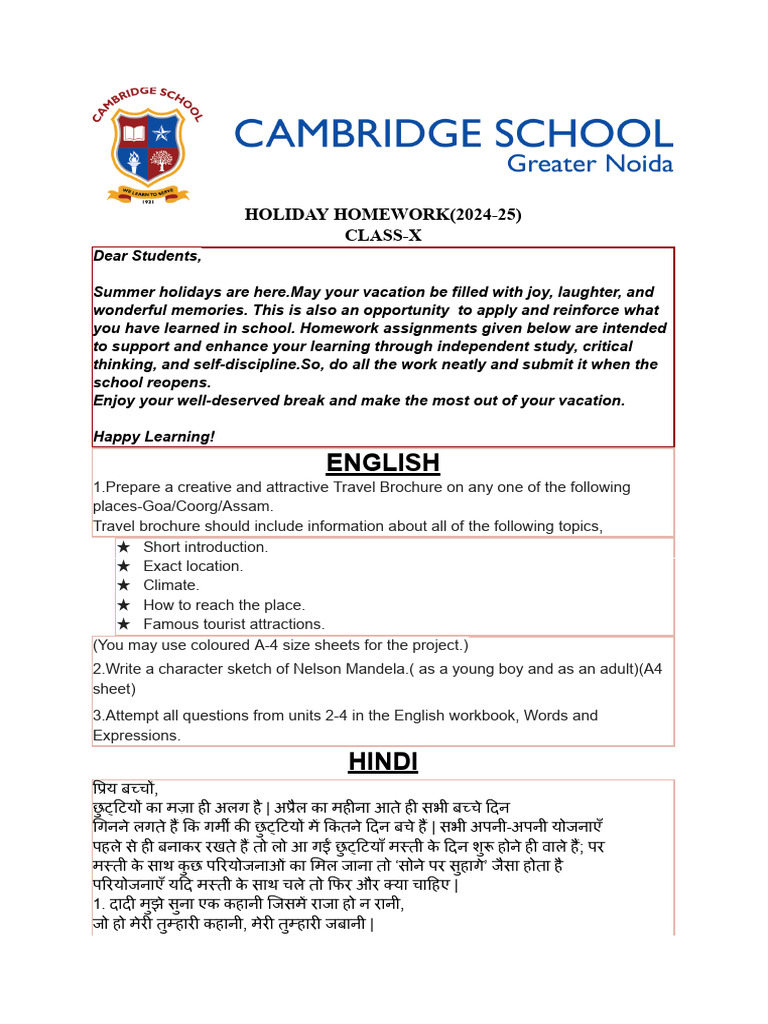 English: HOLIDAY HOMEWORK (2024-25) Class-X | PDF