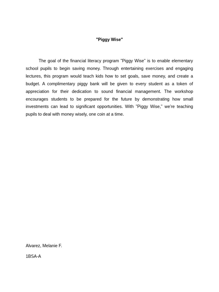 Financial Literacy for Kids: Piggy Wise | PDF