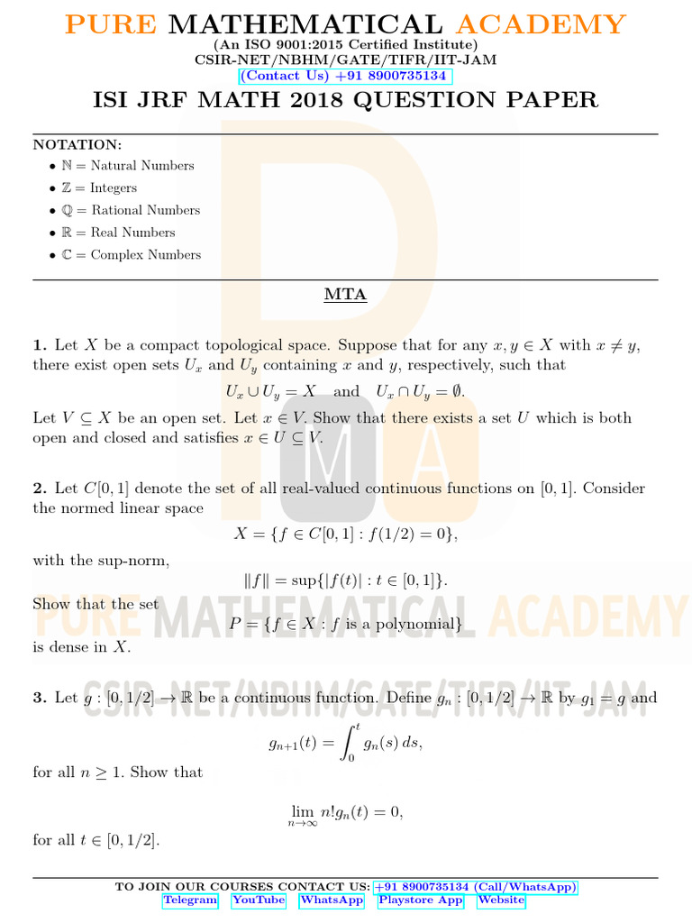 ISI JRF 2018 - Pure Mathematical Academy | PDF | Continuous Function | Real Number