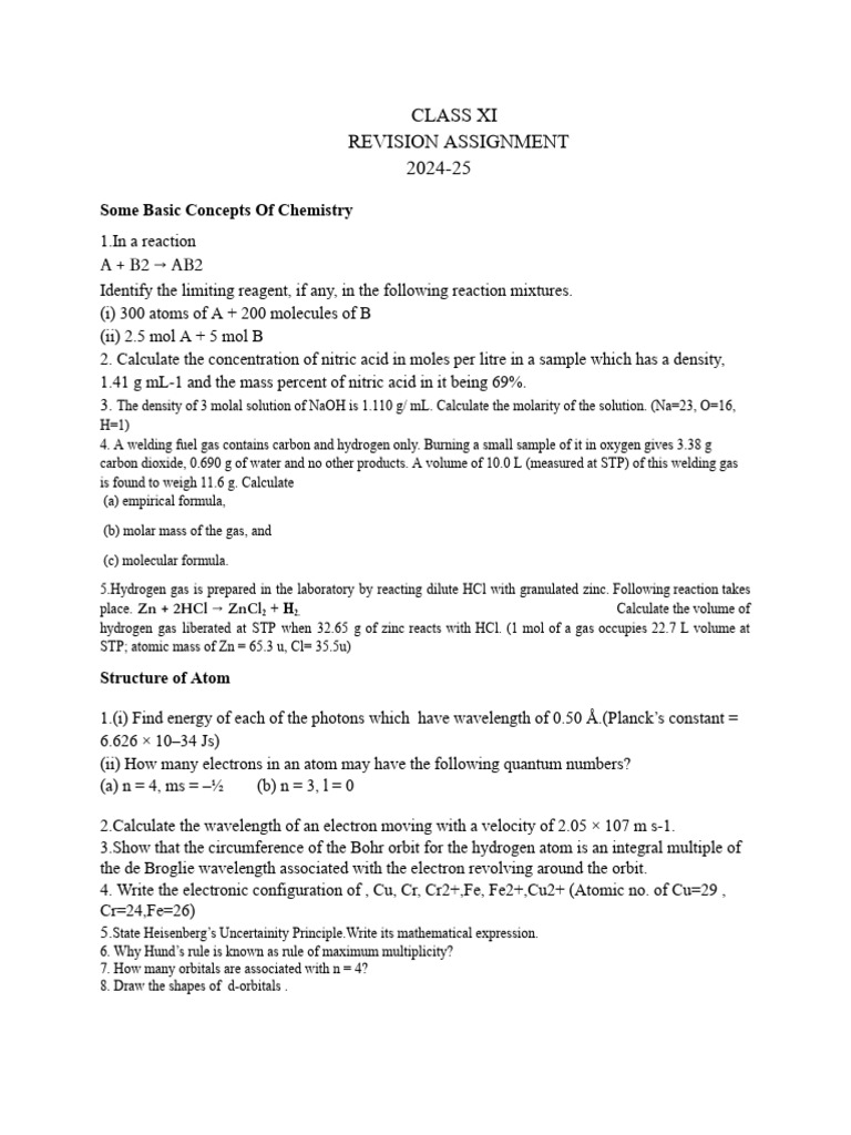 Class Xi Revision Assignment | PDF | Chemical Reactions | Atomic Orbital