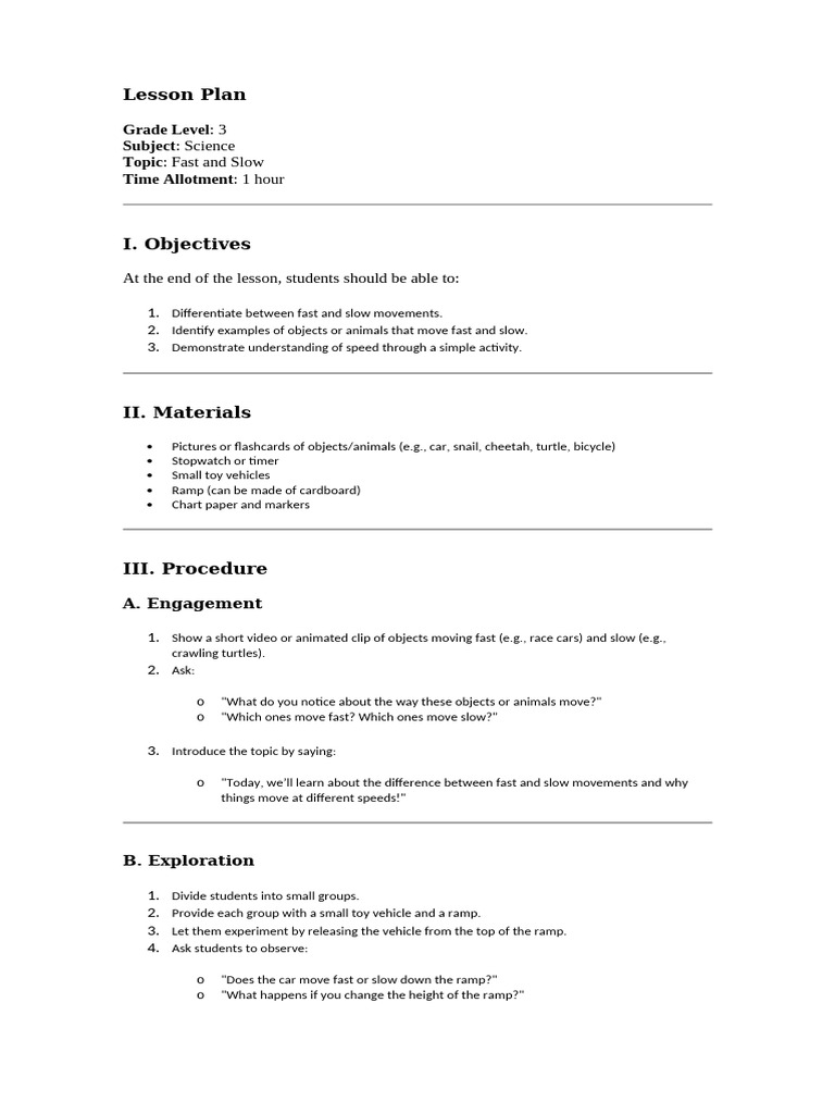 Science Three Lesson Plan | PDF | Force | Speed