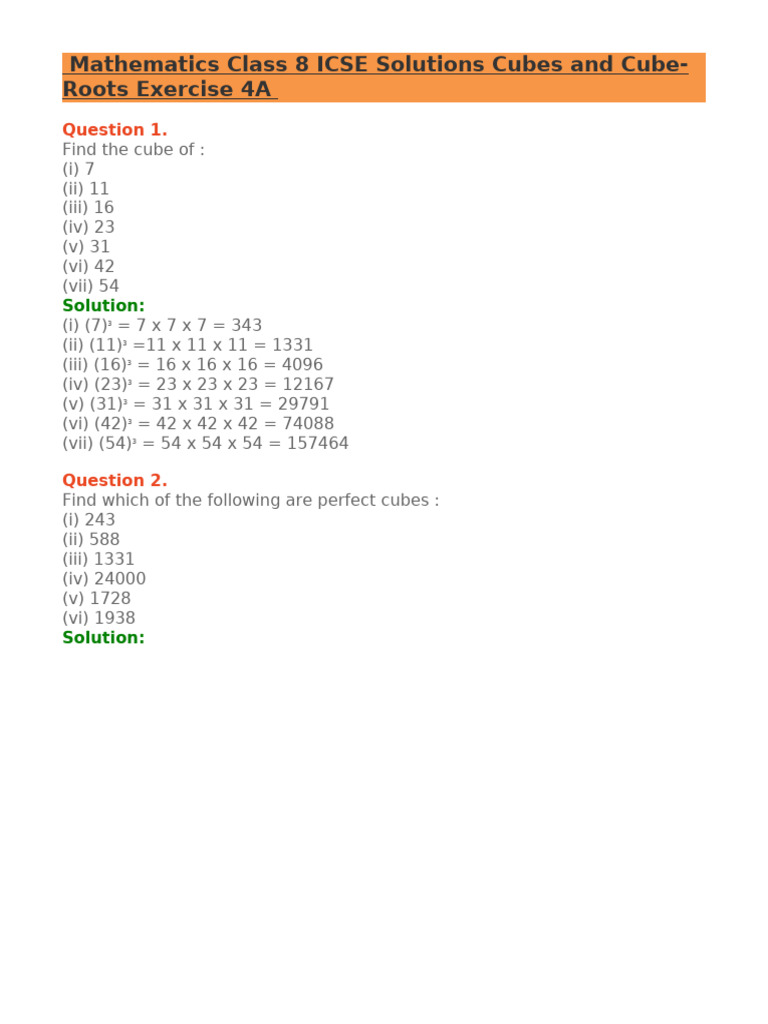 Class 8 ICSE: Cubes and Cube Roots Solutions | PDF | Mathematical ...