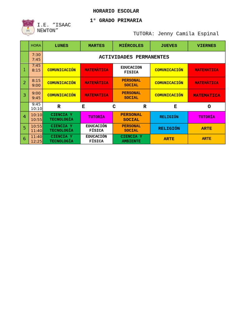 Horario Escolar 1er Grado | PDF