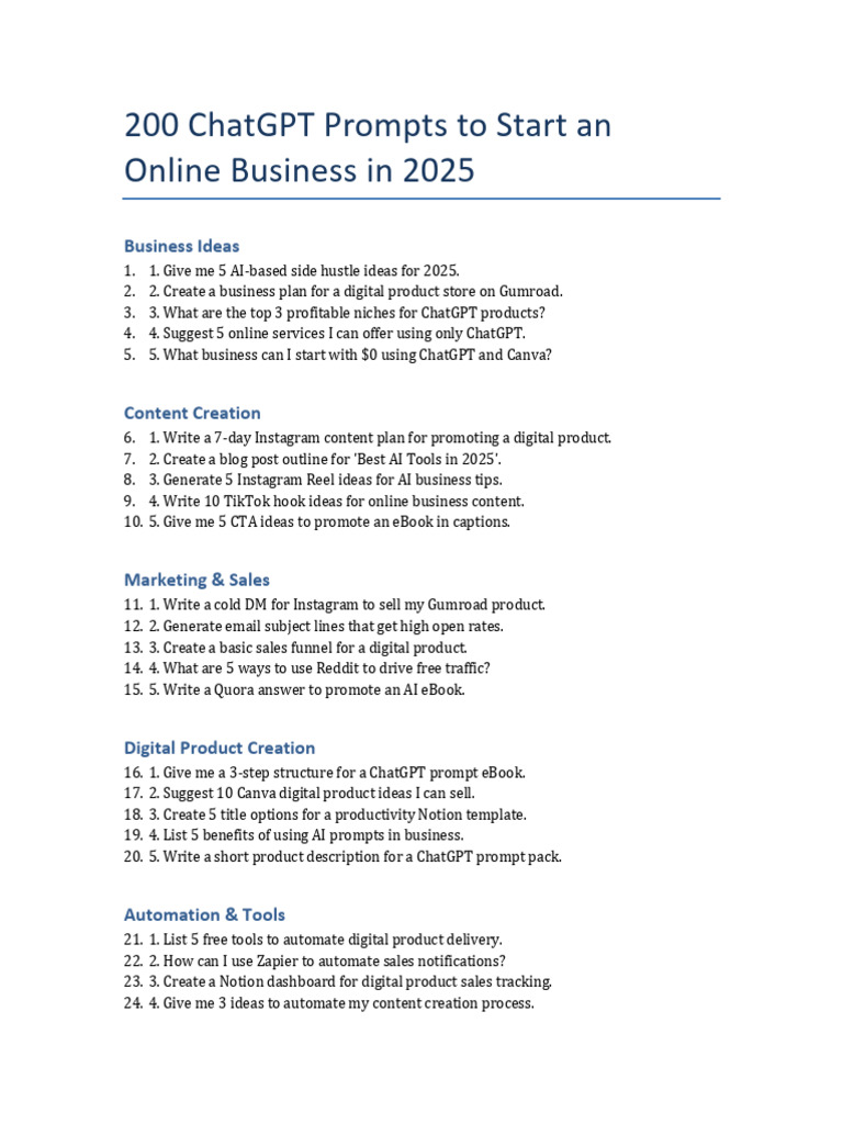 200 ChatGPT Prompts for Online Business | PDF