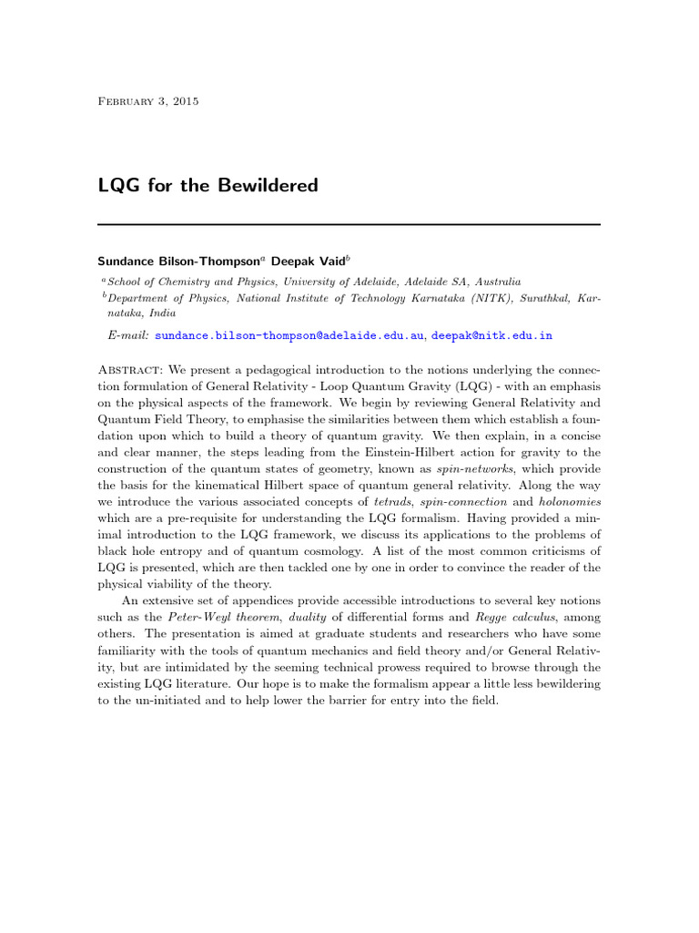 LQG For The Bewildered: Sundance Bilson-Thompson Deepak Vaid | PDF | General Relativity | Tensor