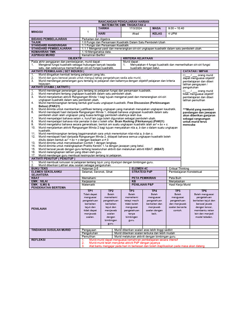 Rancangan Pengajaran Harian Minggu 1 | PDF
