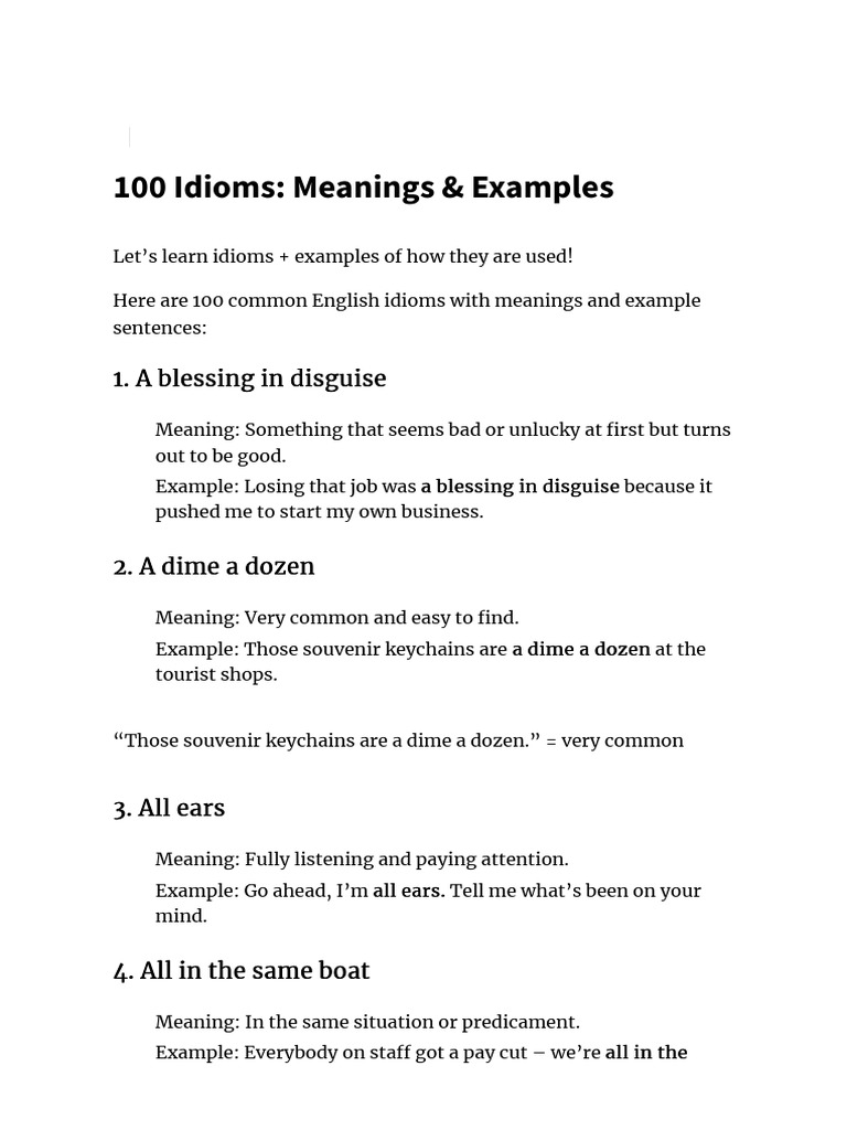 100 Common Idioms with Meanings | PDF | Idiom