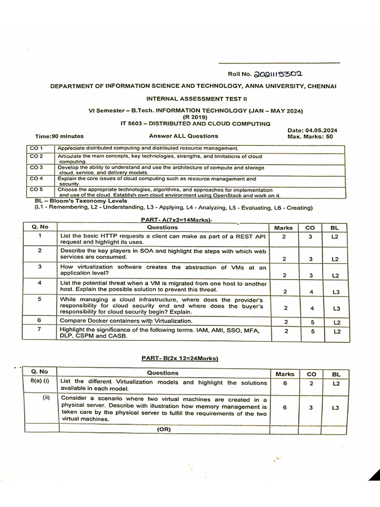 Distributed&Cloud - Internal Assessment 1 Anna University QP | PDF
