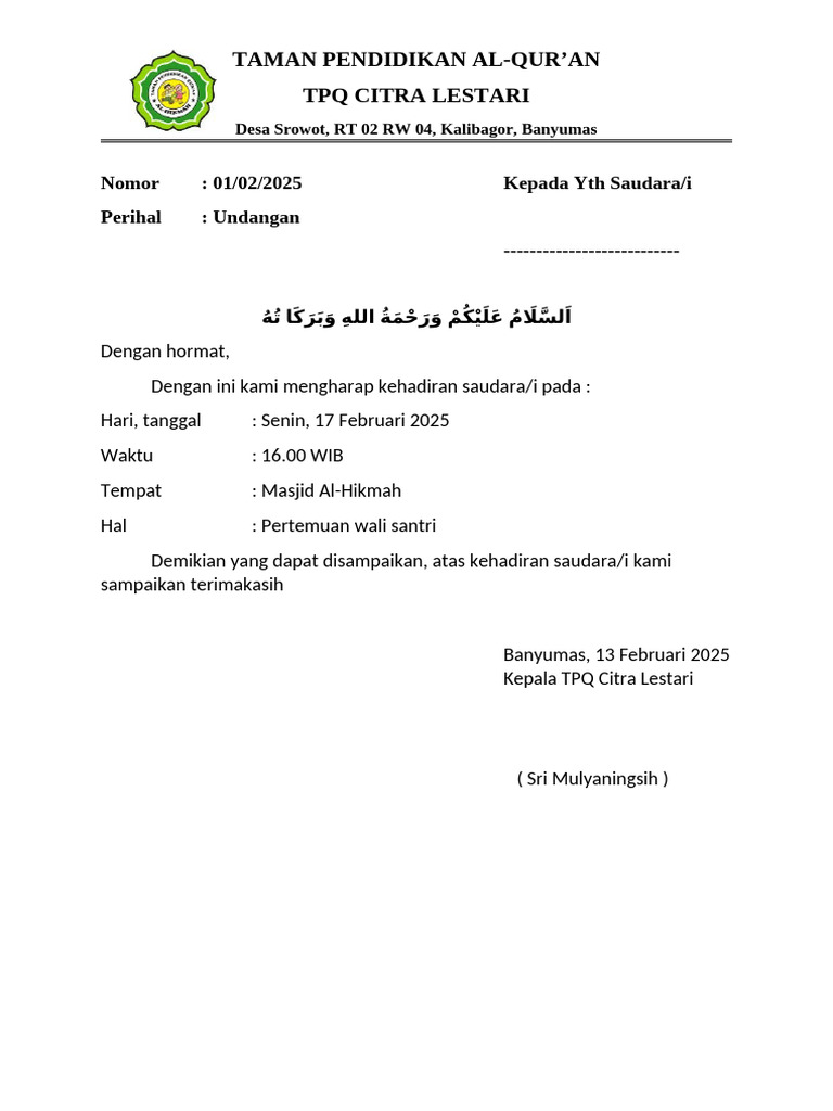 Undangan Pertemuan Wali Santri TPQ | PDF
