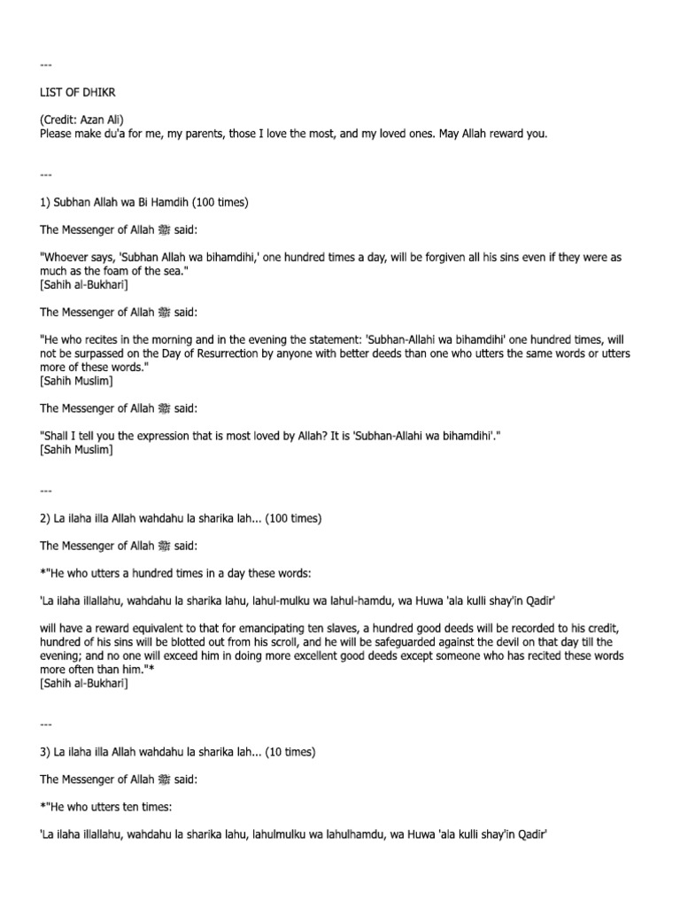 Azan's List of Dhikr | PDF