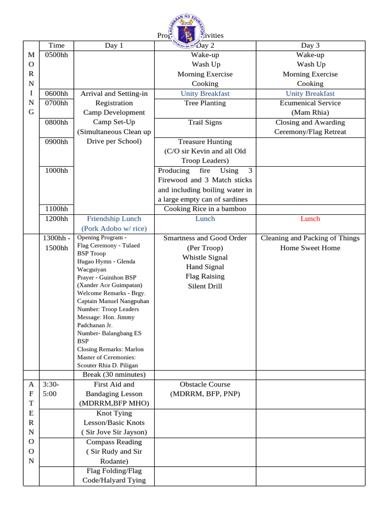 Bsp Program Of Activities 02 Pdf Cuisine