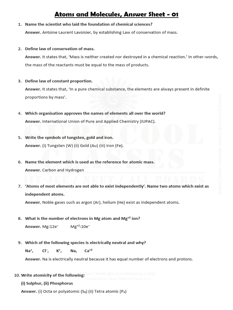 Atoms and Molecules - Answer Sheet - 01 | PDF