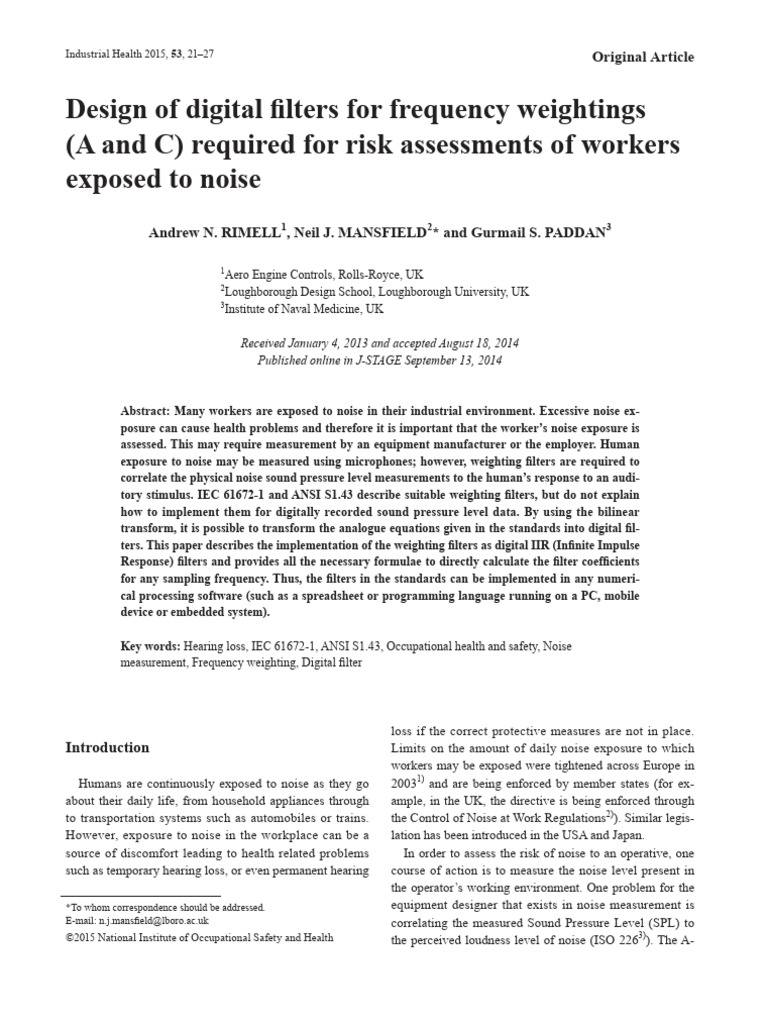Digital Filters for Noise Exposure Assessment | PDF | Noise | Acoustics