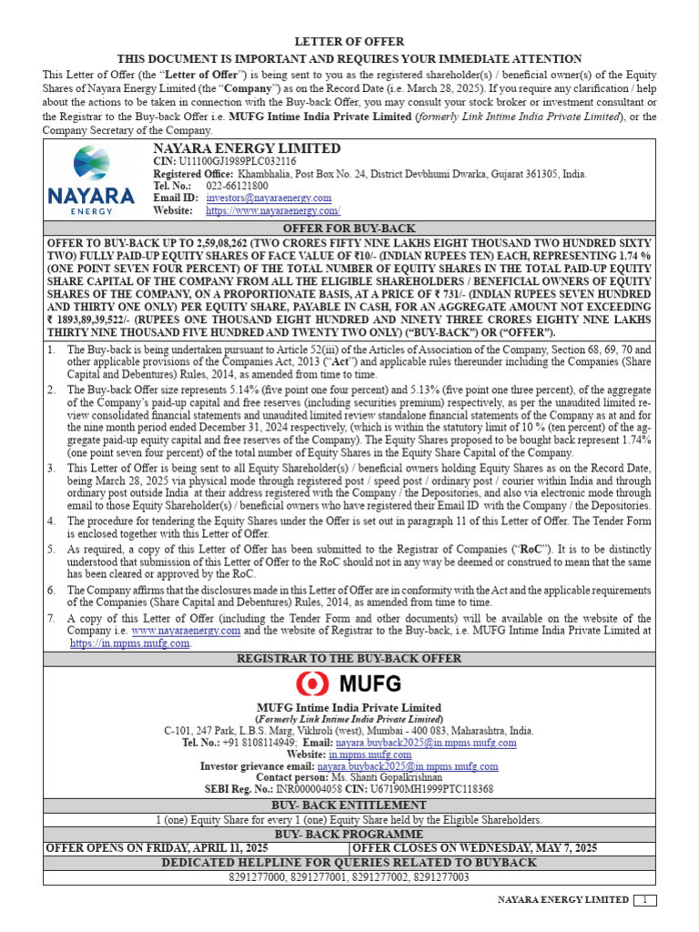 Letter of Offer For Buyback | PDF | Stocks | Securities (Finance)