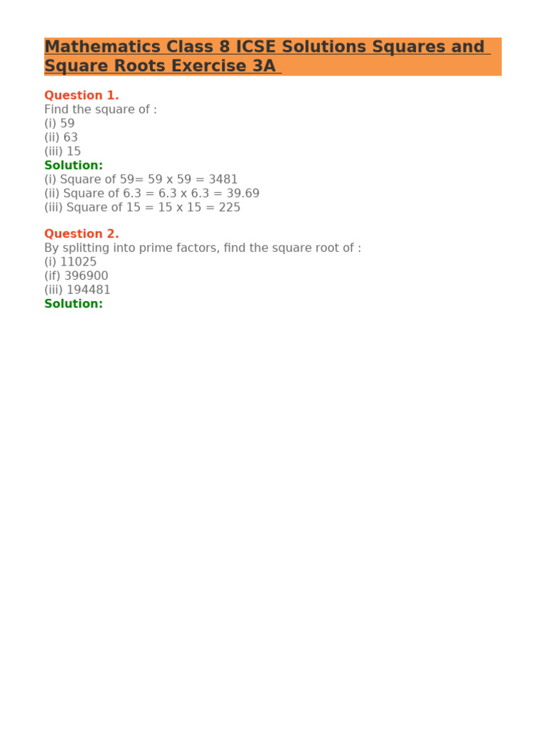 Class 8 - Math - Icse - Square and Square Root-Ex-3 | PDF | Numbers ...