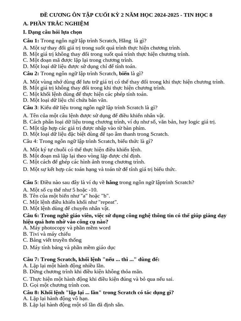 24-25 ĐỀ CƯƠNG ÔN TẬP CK2 TIN 8 | PDF