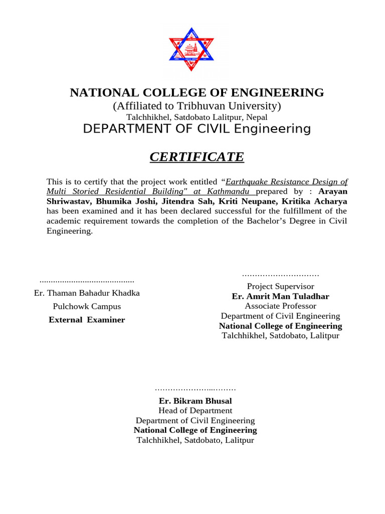 Earthquake Resistance Design Project Certificate | PDF