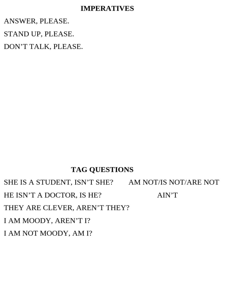 Imperatives and Tag Questions Guide | PDF