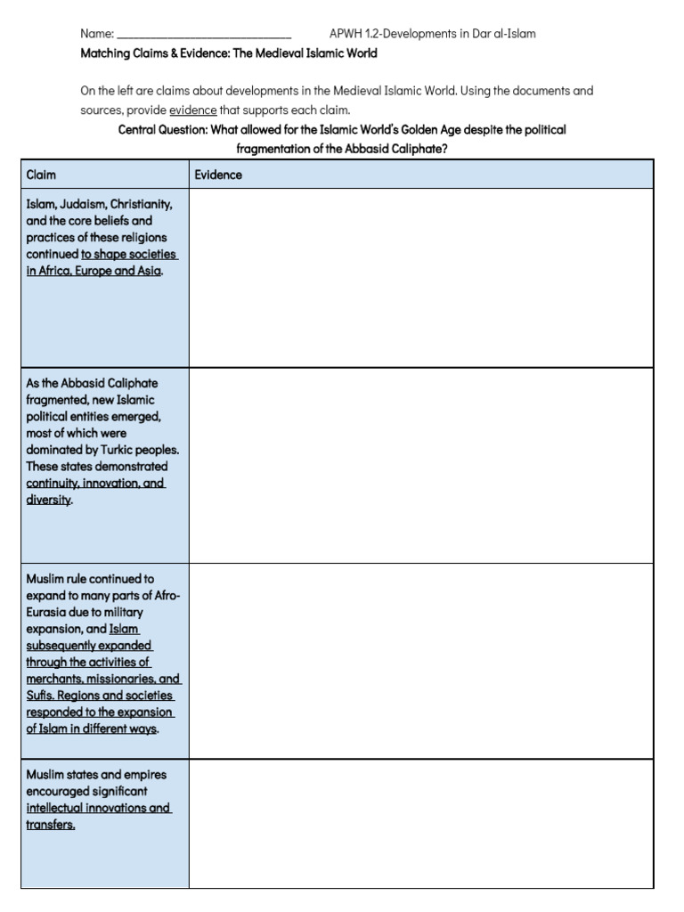 Matching Claims - Evidence - The Medieval Islamic World | PDF