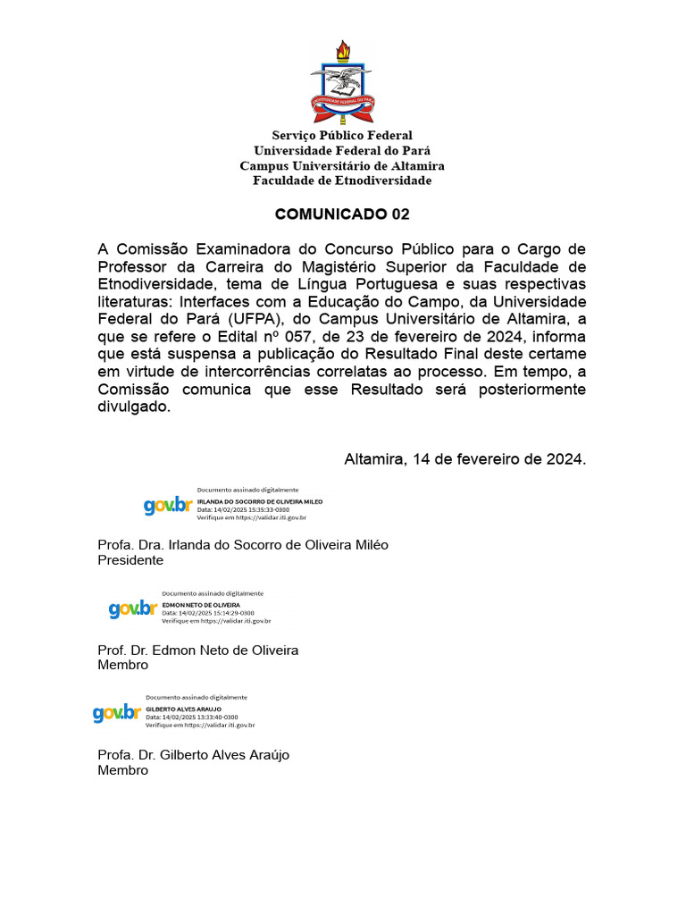 COMUNICADO II - Sobre o Resultado Final | PDF