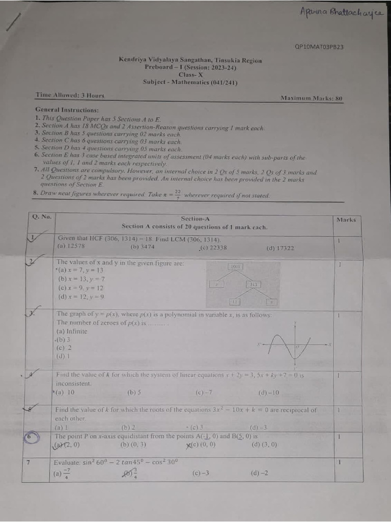 Maths KV (Preboards 1) | PDF