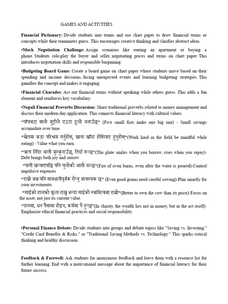 Activities and Games For Financial Literacy Training Program | PDF