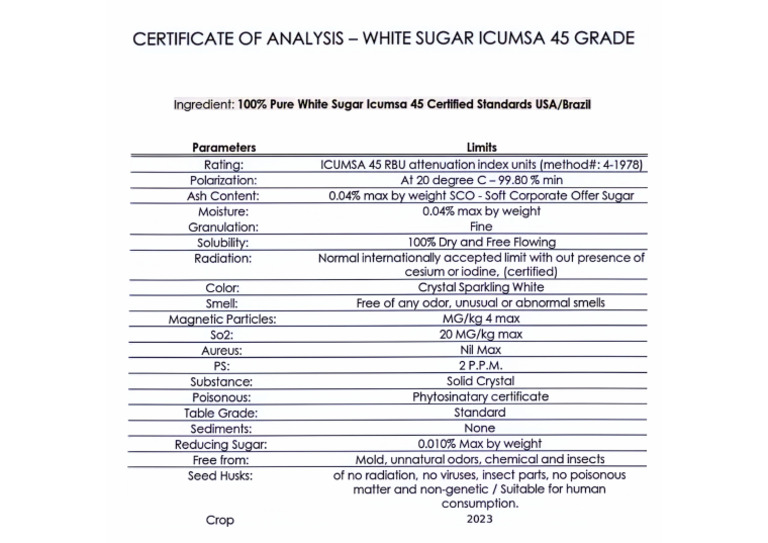 Certificate of Analysis (SUGAR ICUMSA 45) | PDF