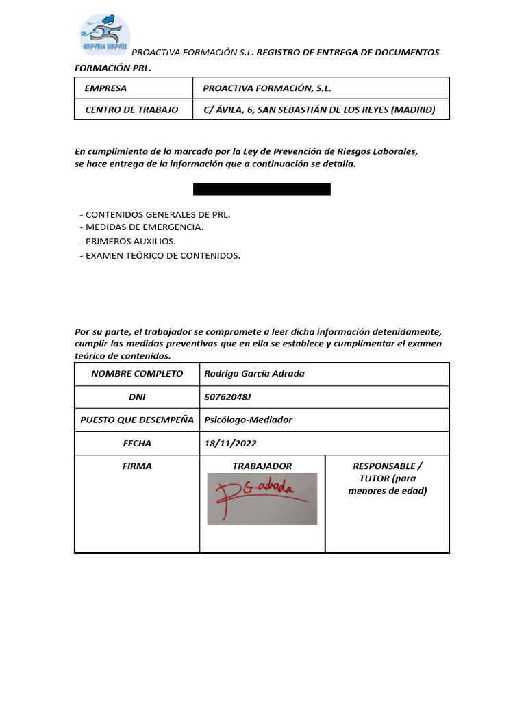 Recibi Documentacion PRL | PDF