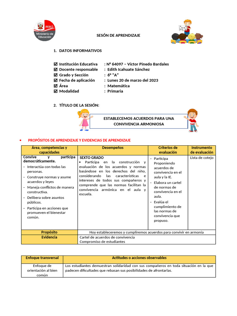 Acuerdos para Convivencia Escolar Armoniosa | PDF | Evaluación | Aprendizaje