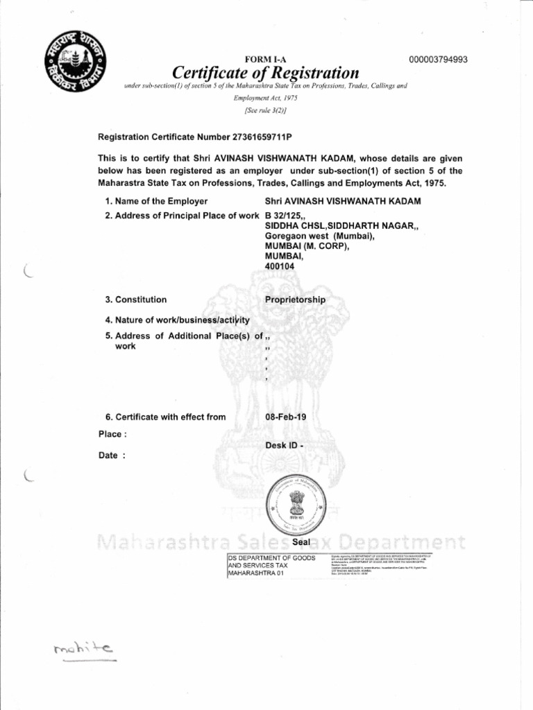 Professional Tax Registration Certificate | PDF