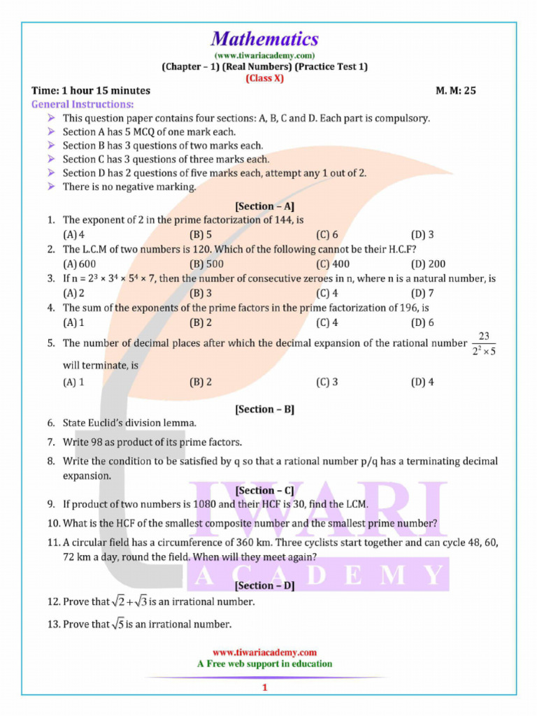 10 Maths Chapter 1 Practice Test 1 | PDF