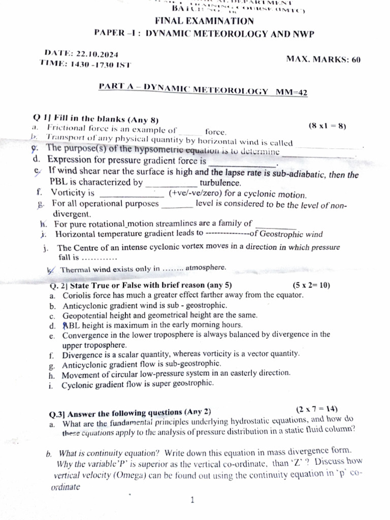 Dynamic Meteorology and NWP Exam Paper | PDF | Numerical Weather ...