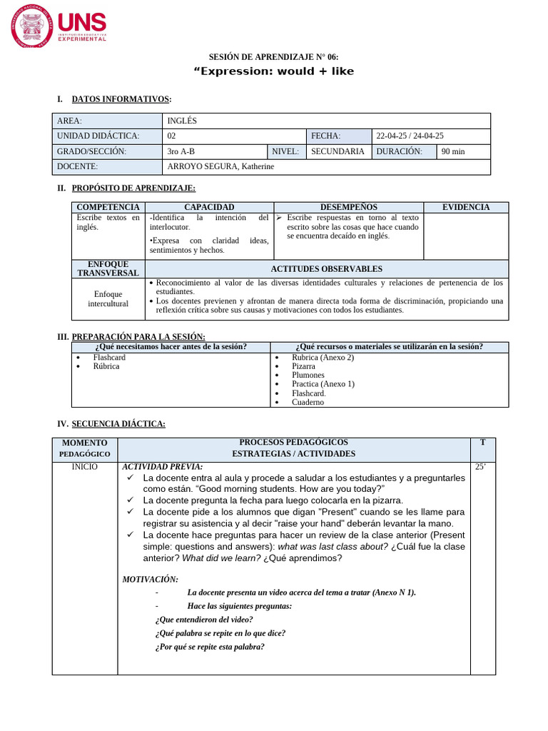 SESIÓN DE APRENDIZAJE - Unidad - 01 - N°04 - 3ero Secundaria - Inglés - Miscelaneasl | PDF ...