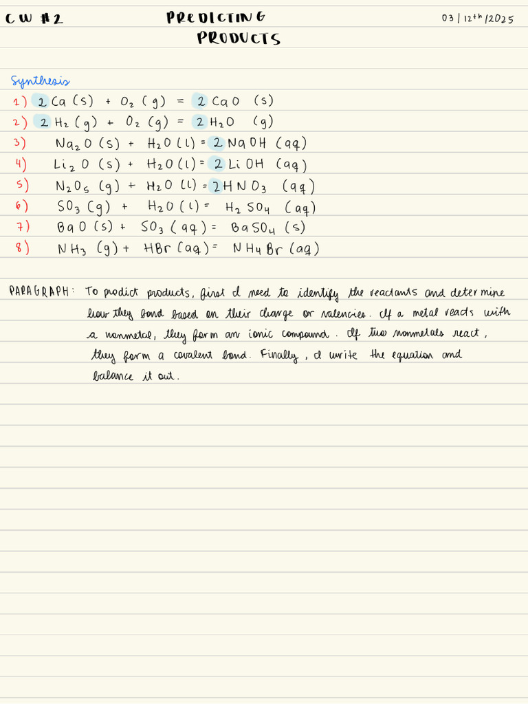 CW #2 Predicting Products (Chemistry) | PDF