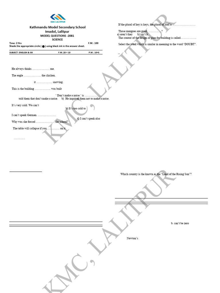 Science Model Questions 2081 | PDF | Salt (Chemistry) | Mean
