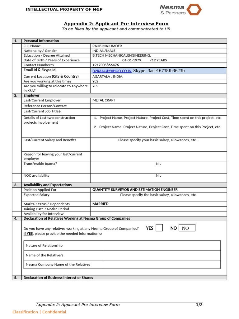 Pre Interview Form - English (Revised) (06th May'2023) | PDF | Business