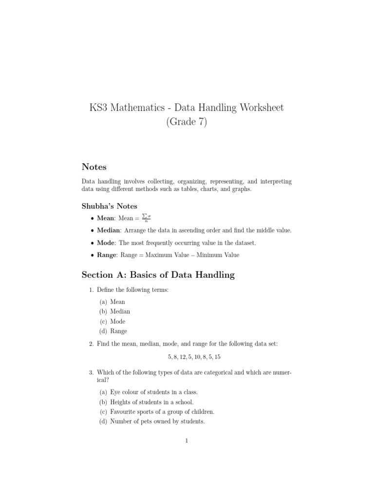 Year 7 Data Handling Worksheet | PDF | Mean | Median