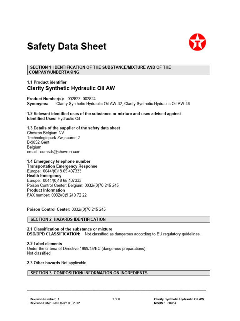 Clarity Synthetic Hydraulic Oil MSDS | PDF | Dangerous Goods | Toxicity