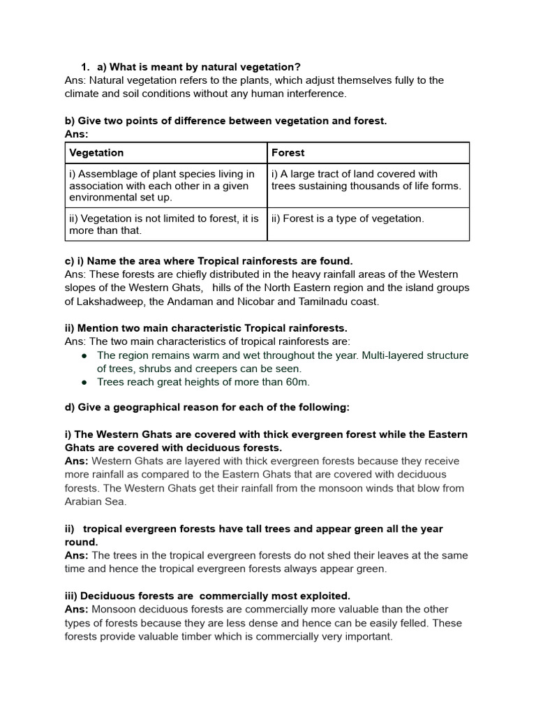 Natural Vegetation - Answer Key | PDF | Forests | Tropics