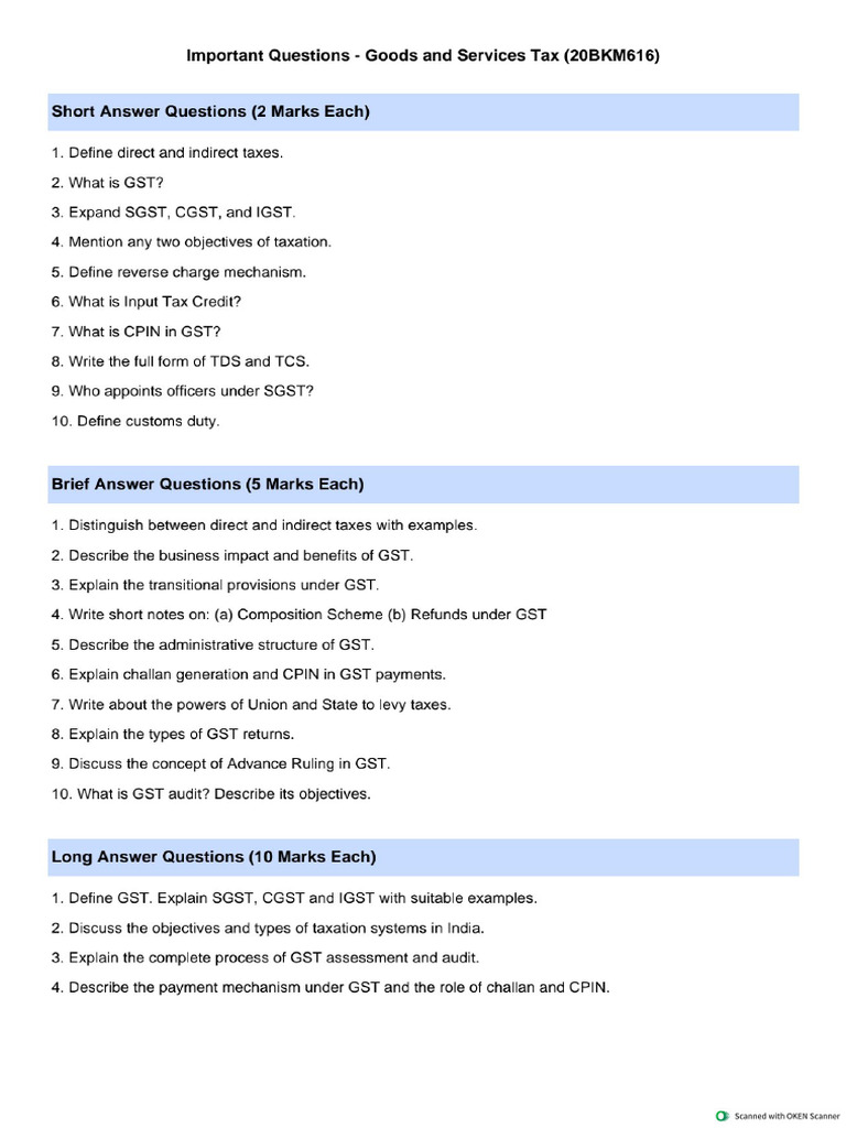 Important Questions GST 20BKM616 1 | PDF