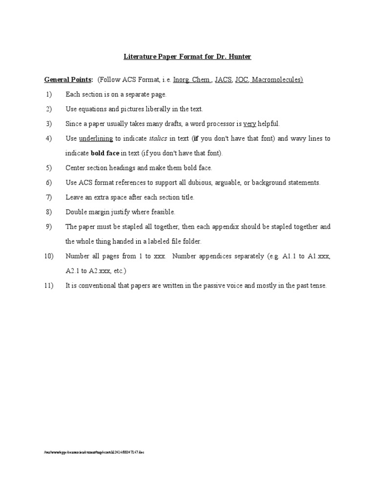 Literature Paper Format For Dr. Hunter General Points: (Follow ACS ...
