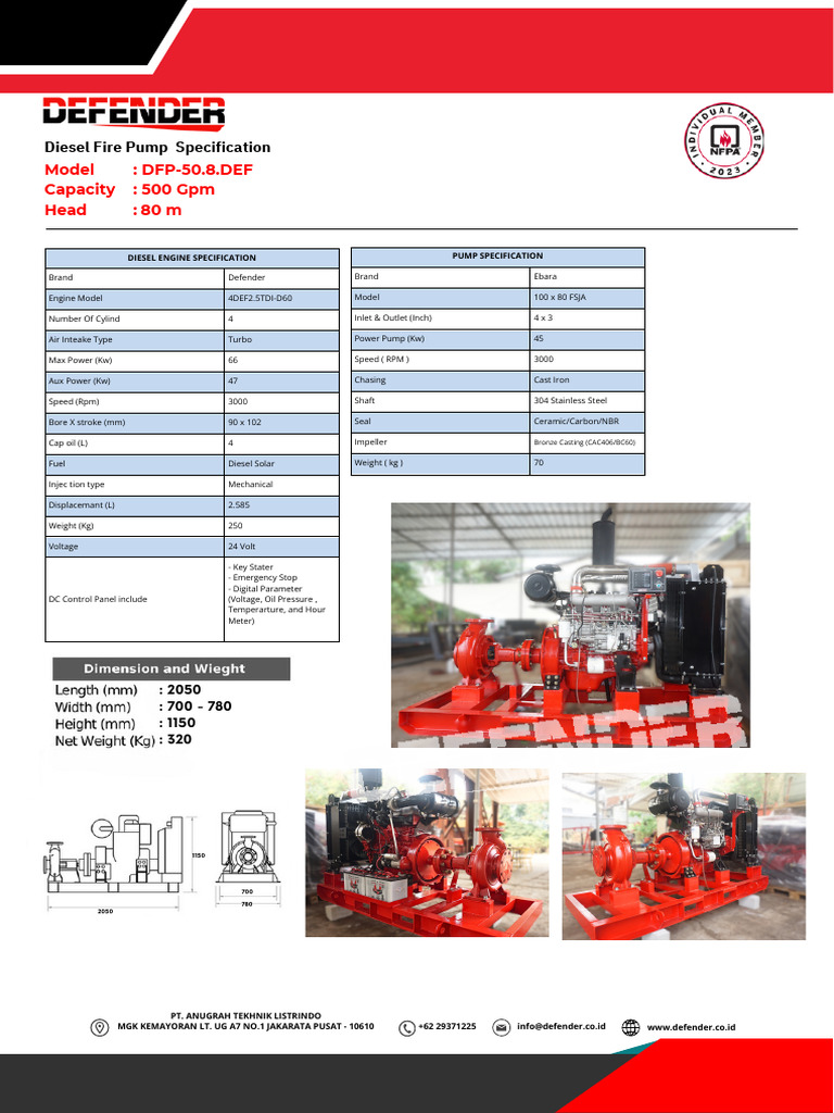 Model Capacity Head: DFP-50.8.DEF: 500 GPM 80 M:: Diesel Fire Pump ...