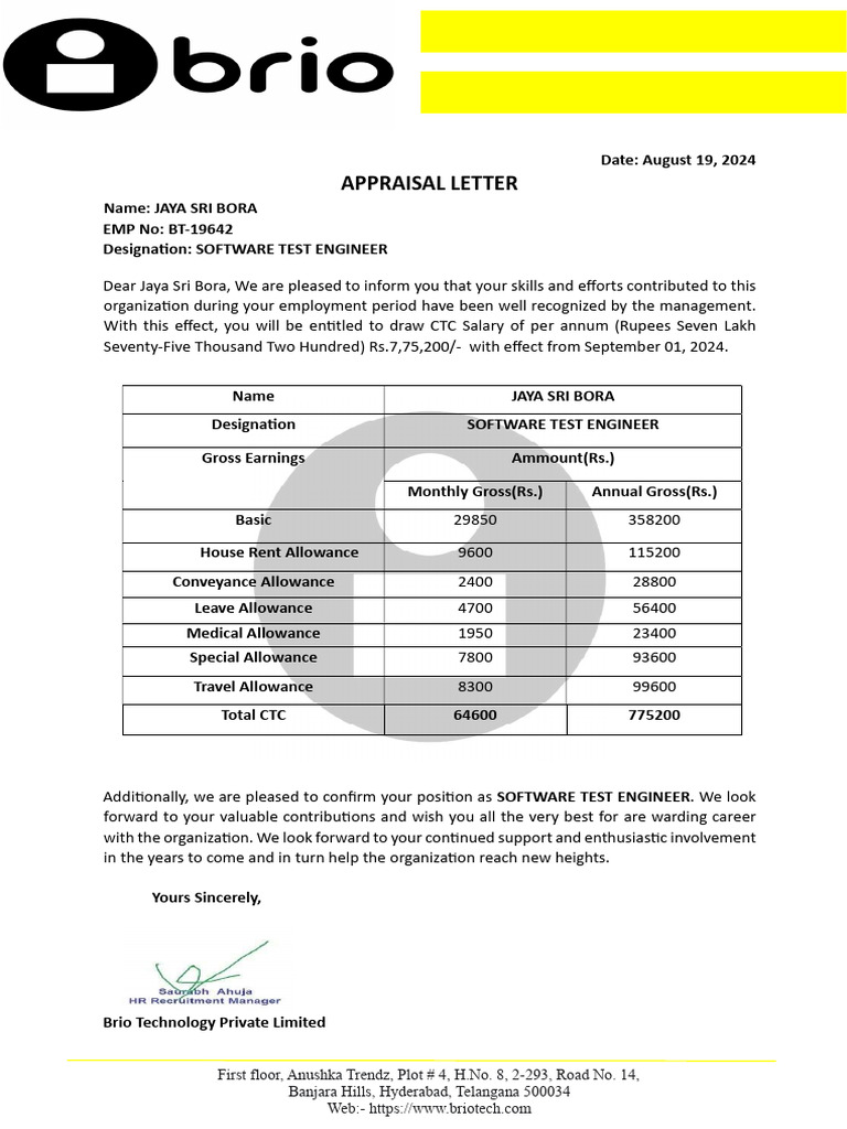 JAYA SRI BORA Appraisal Letter | PDF