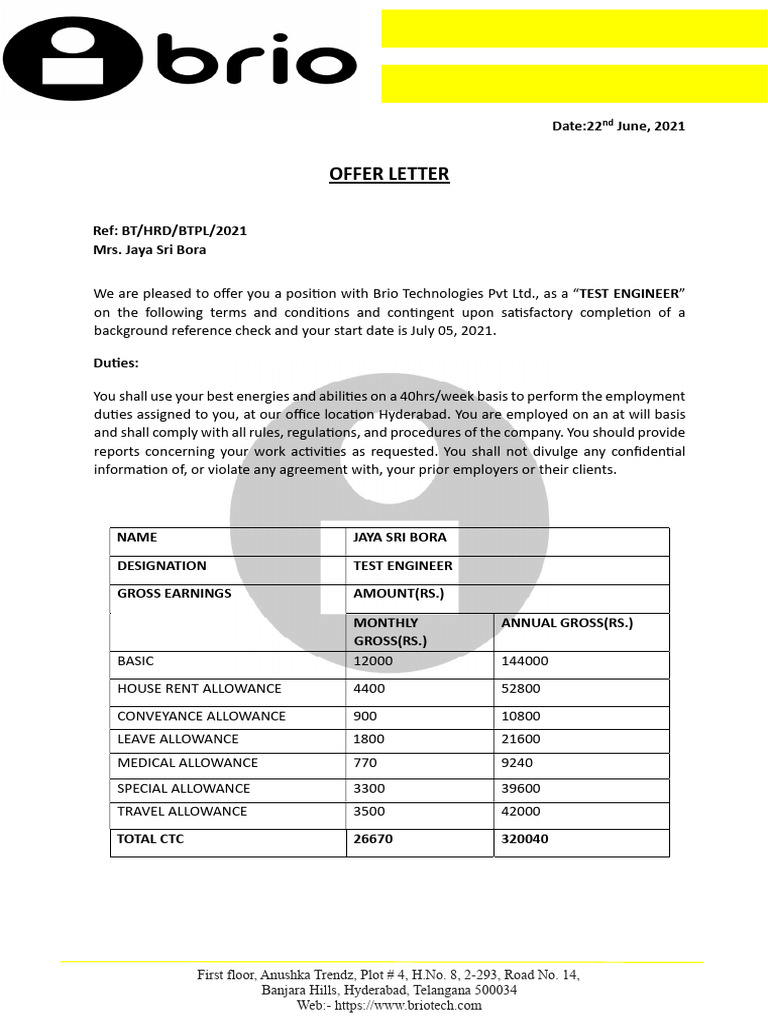 Jaya Sri Bora Offer Letter | PDF