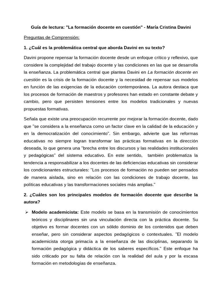 Davini unidad 1 Guía de lectura | PDF | Enseñando | Maestros